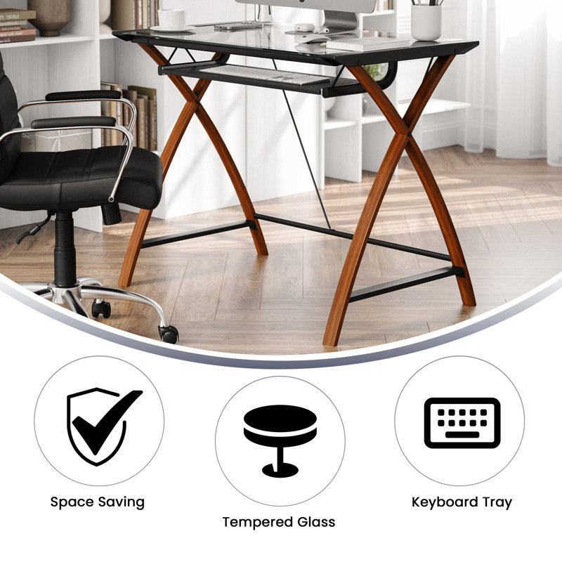 Glass computer desk with pullout keyboard tray store